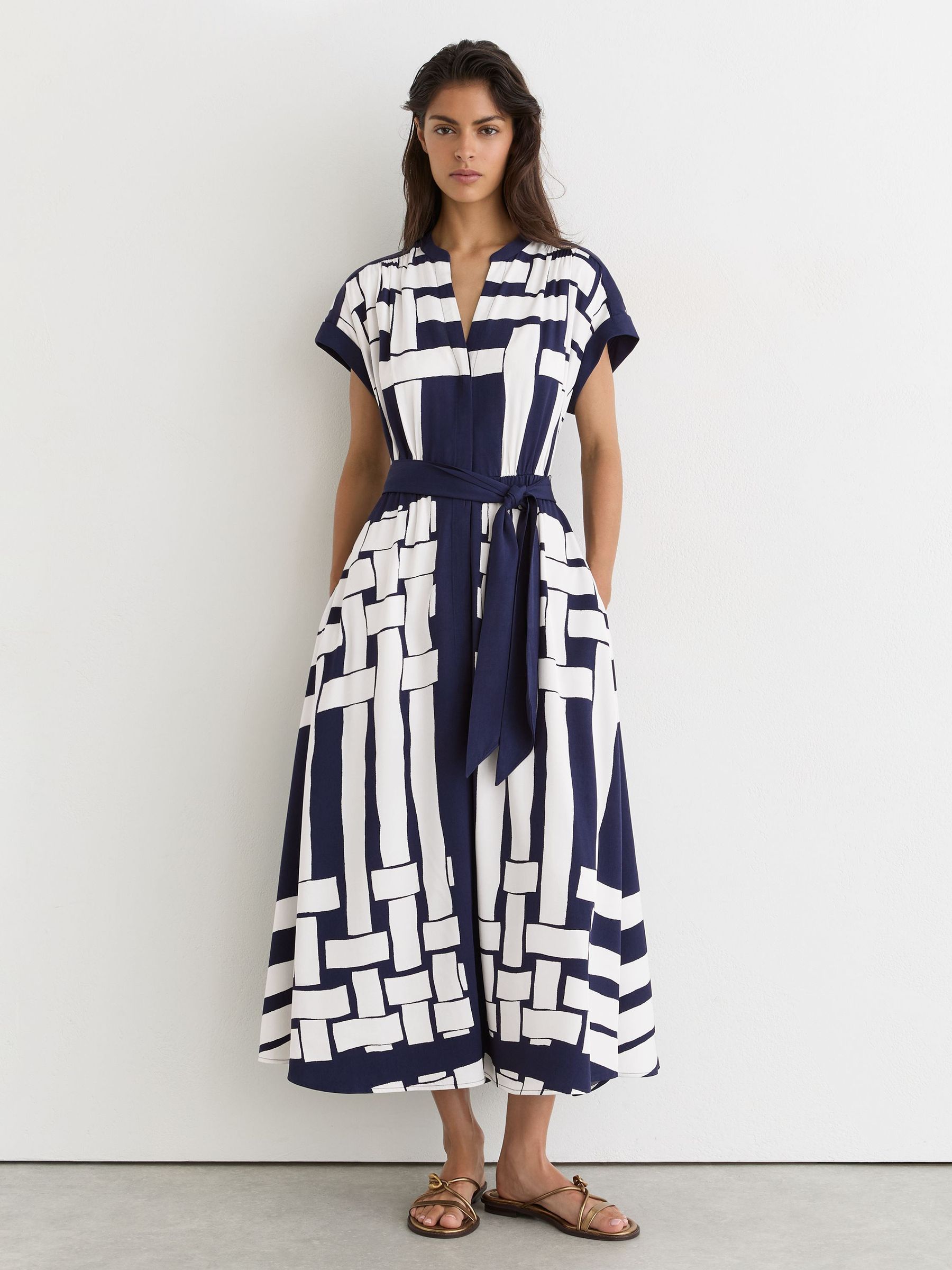 Buy Reiss Navy/Ivory Samira Petite Scarf-Print Belted Midi Dress from ...