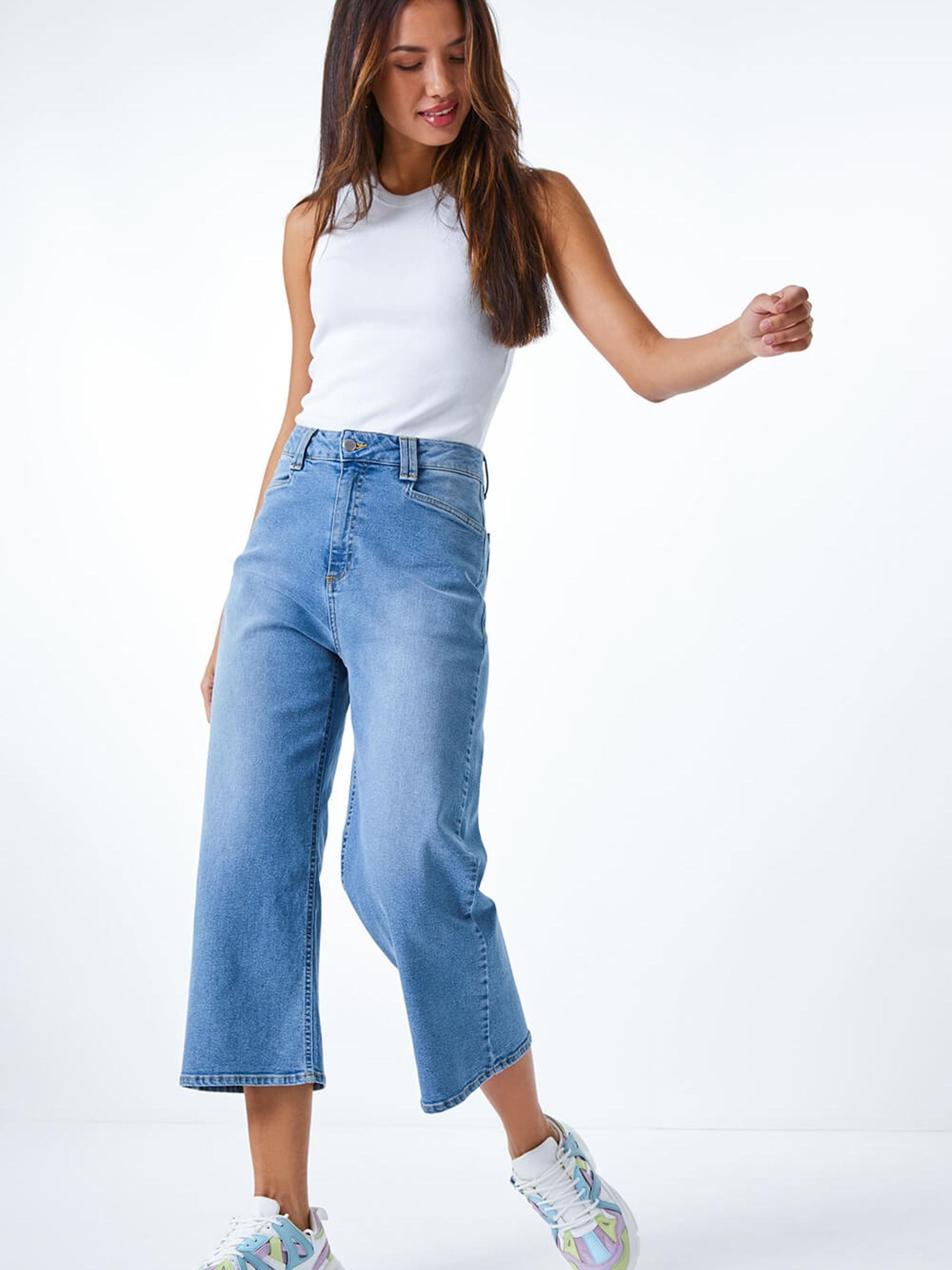 Buy Roman Denim Blue Denim Pocket Detail Wide Leg Trousers from the ...