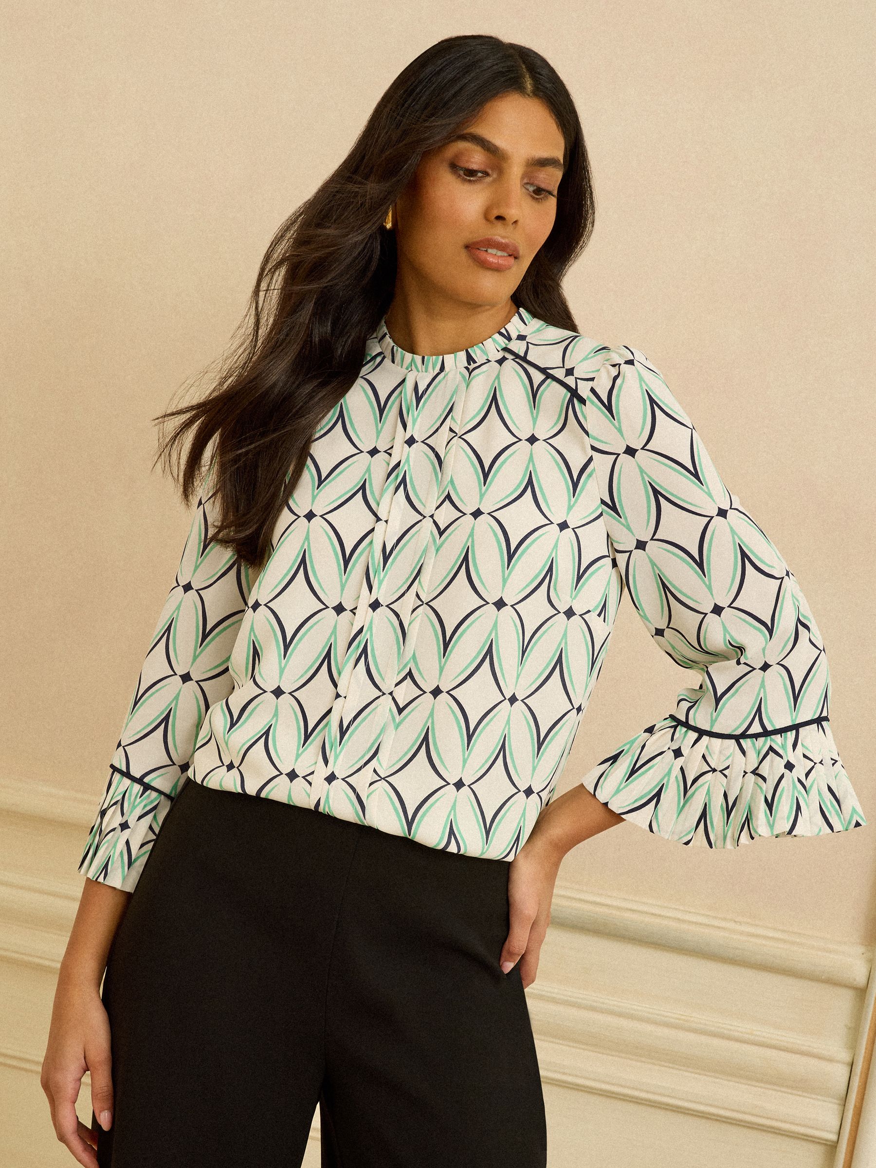 Buy Love & Roses Ivory Geo Print Crew Neck Pleated Flute Sleeve Blouse ...