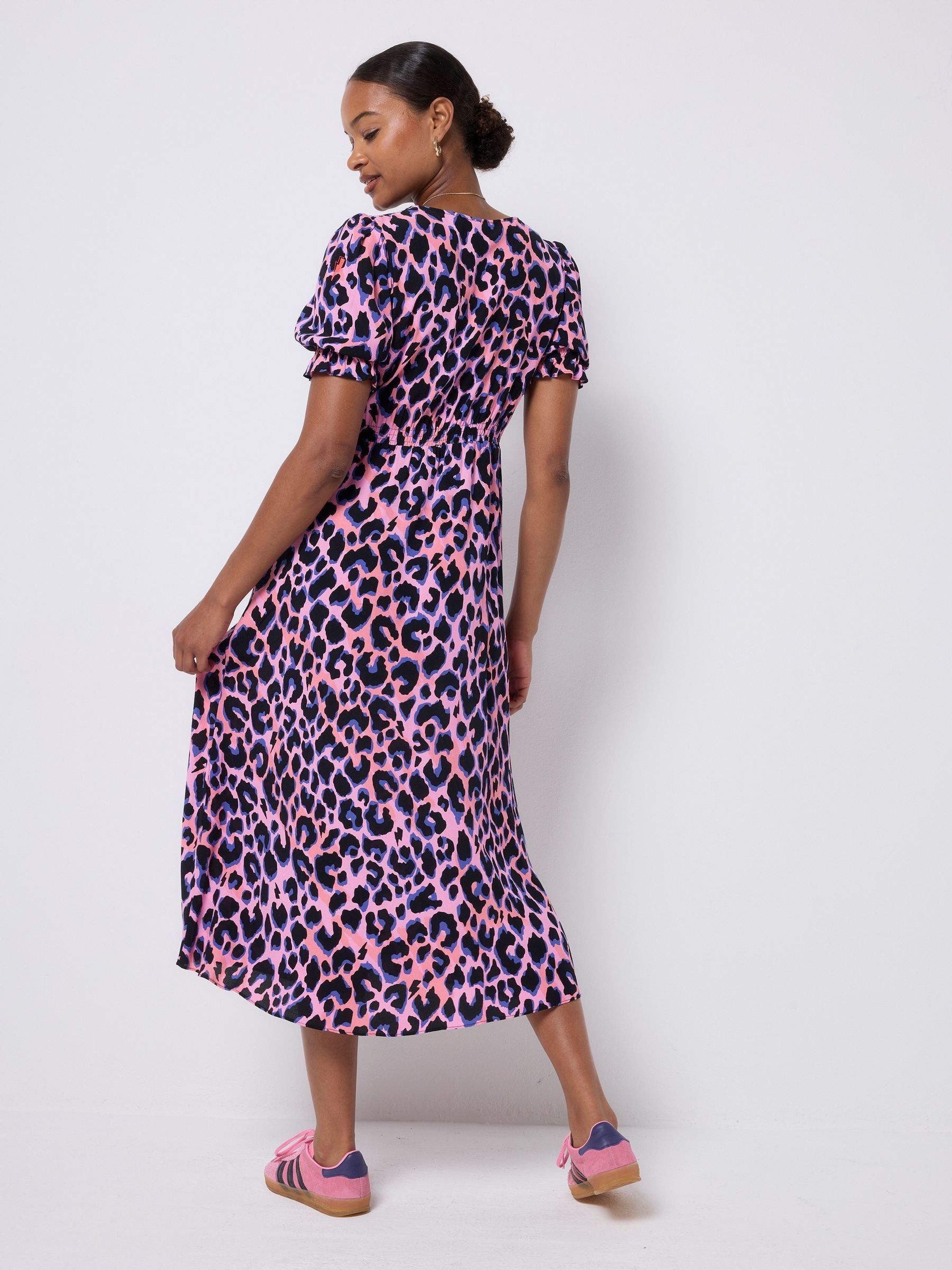 Buy SCAMP & DUDE Pink Wild Cheetah Flute Sleeve Midi Tea Dress from the ...