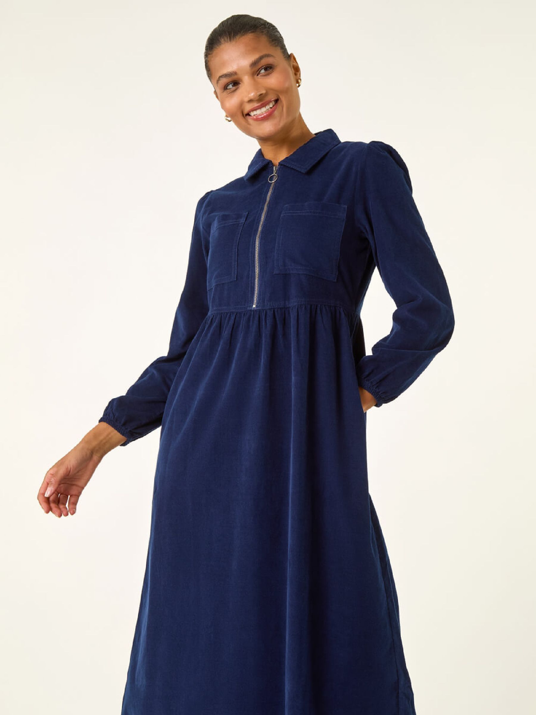 Buy Roman Blue Corduroy Zip Detail Midi Dress from the Next UK online shop