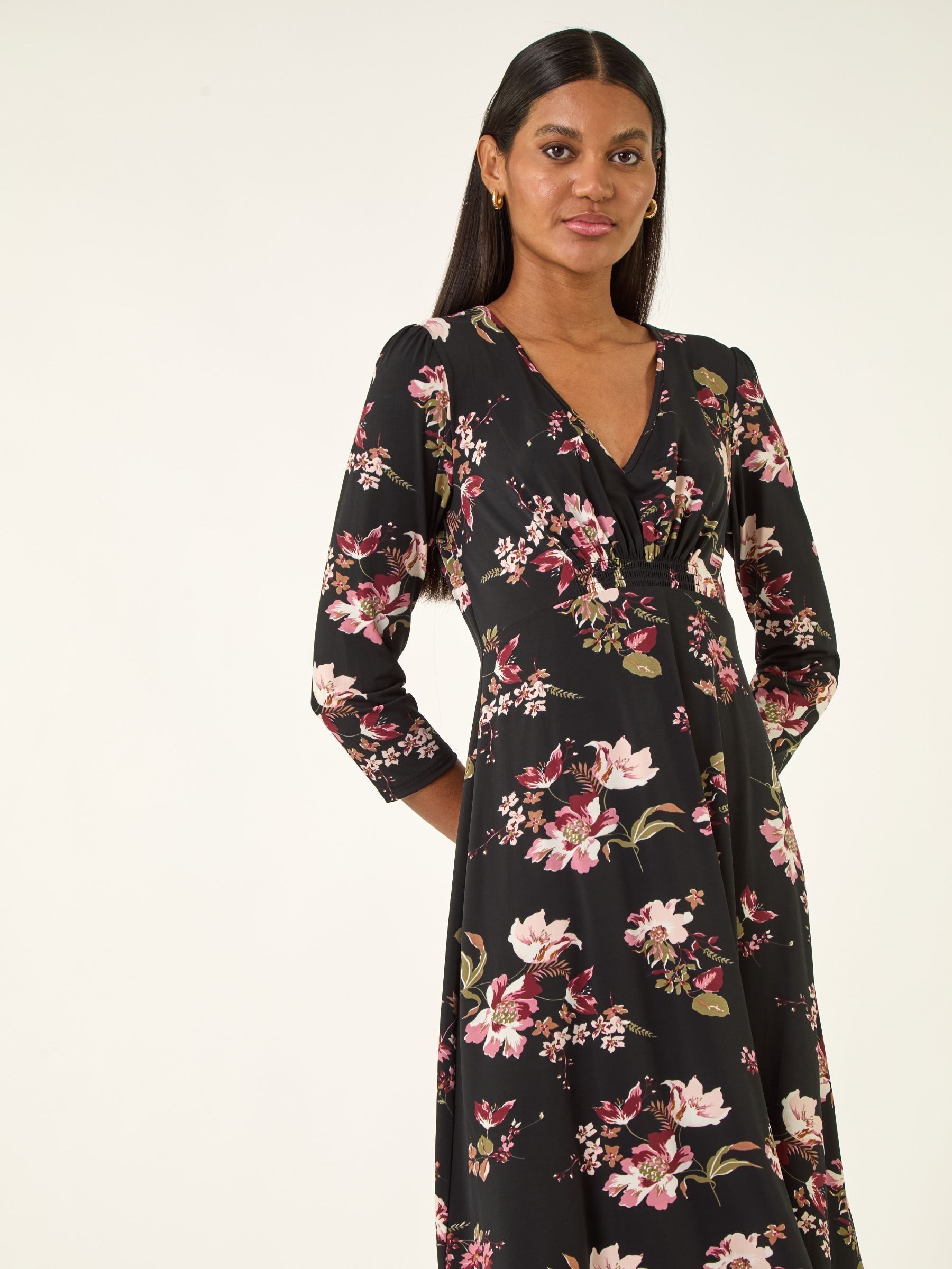 Buy Roman Black Floral Gathered Midi Dress from Next Italy