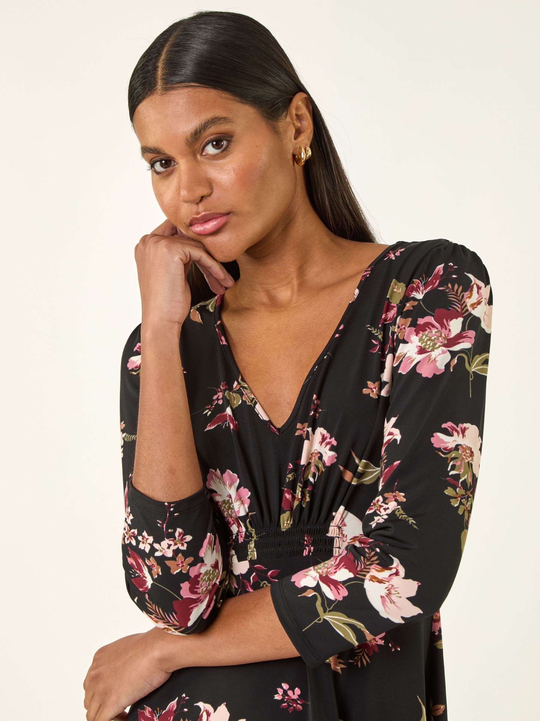 Buy Roman Black Floral Gathered Midi Dress from Next Italy