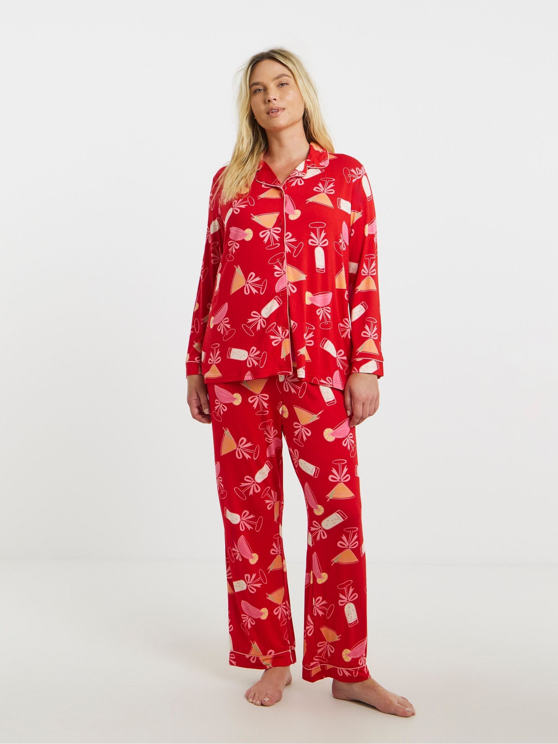 Buy Simply Be Red Pretty Secrets Cocktail Print Revere Pyjamas Set from ...