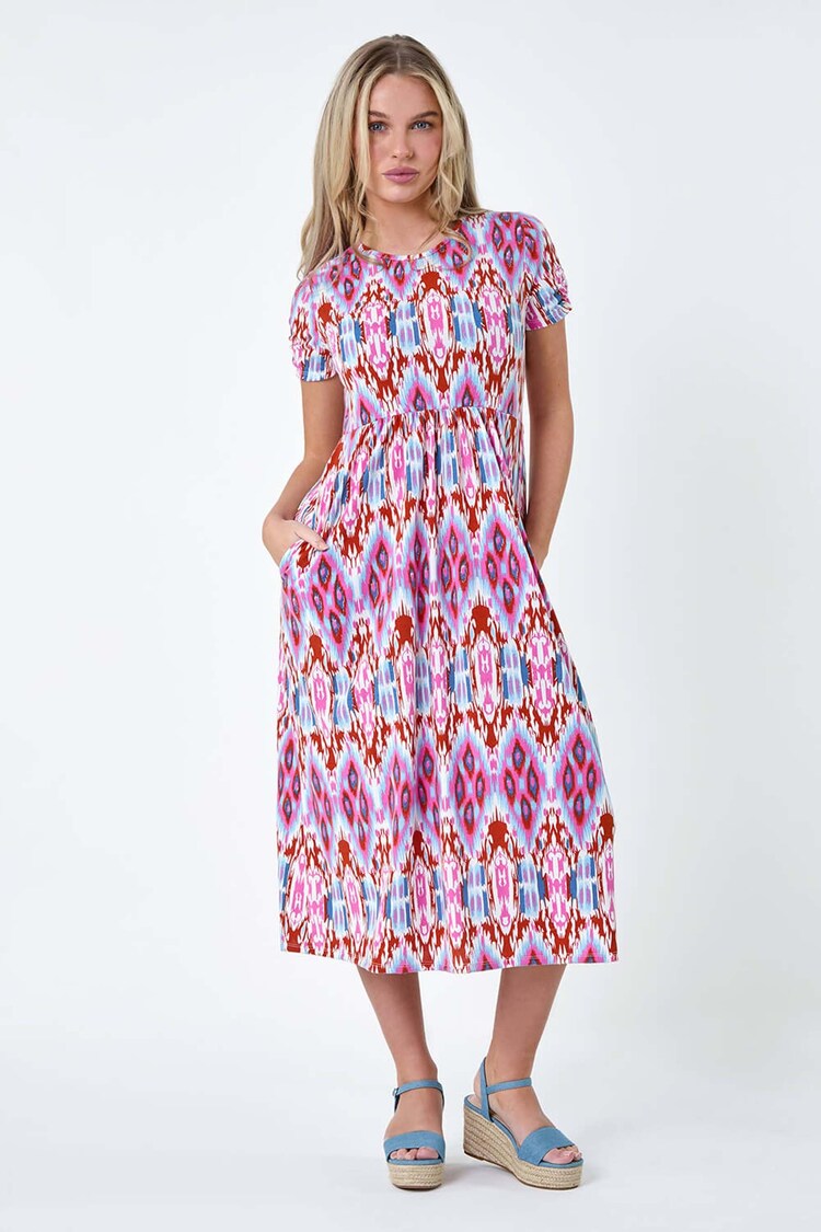 Buy Roman Pink Roman Patterned Print Stretch Pocket Midi Dress from the ...