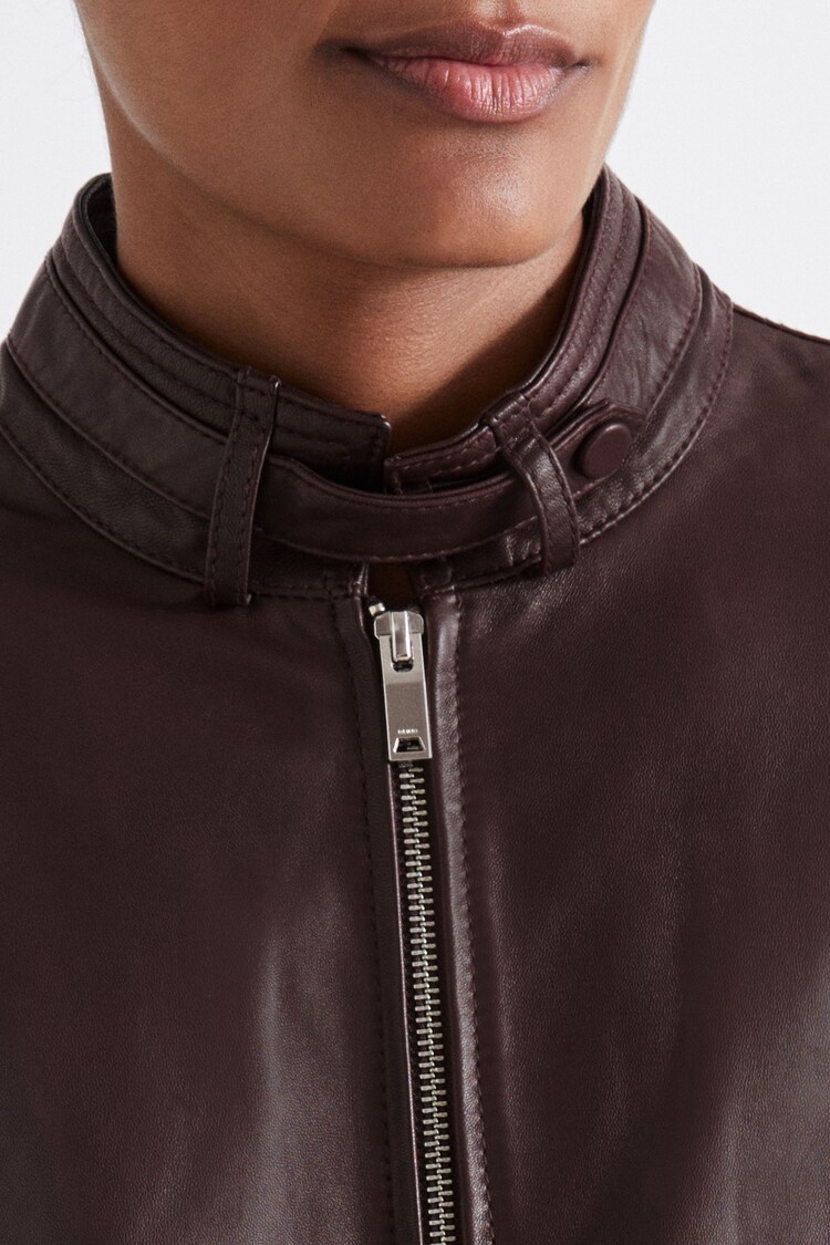 Reiss Atelier Leather Latched-Collar Bomber Jacket in Berry - REISS
