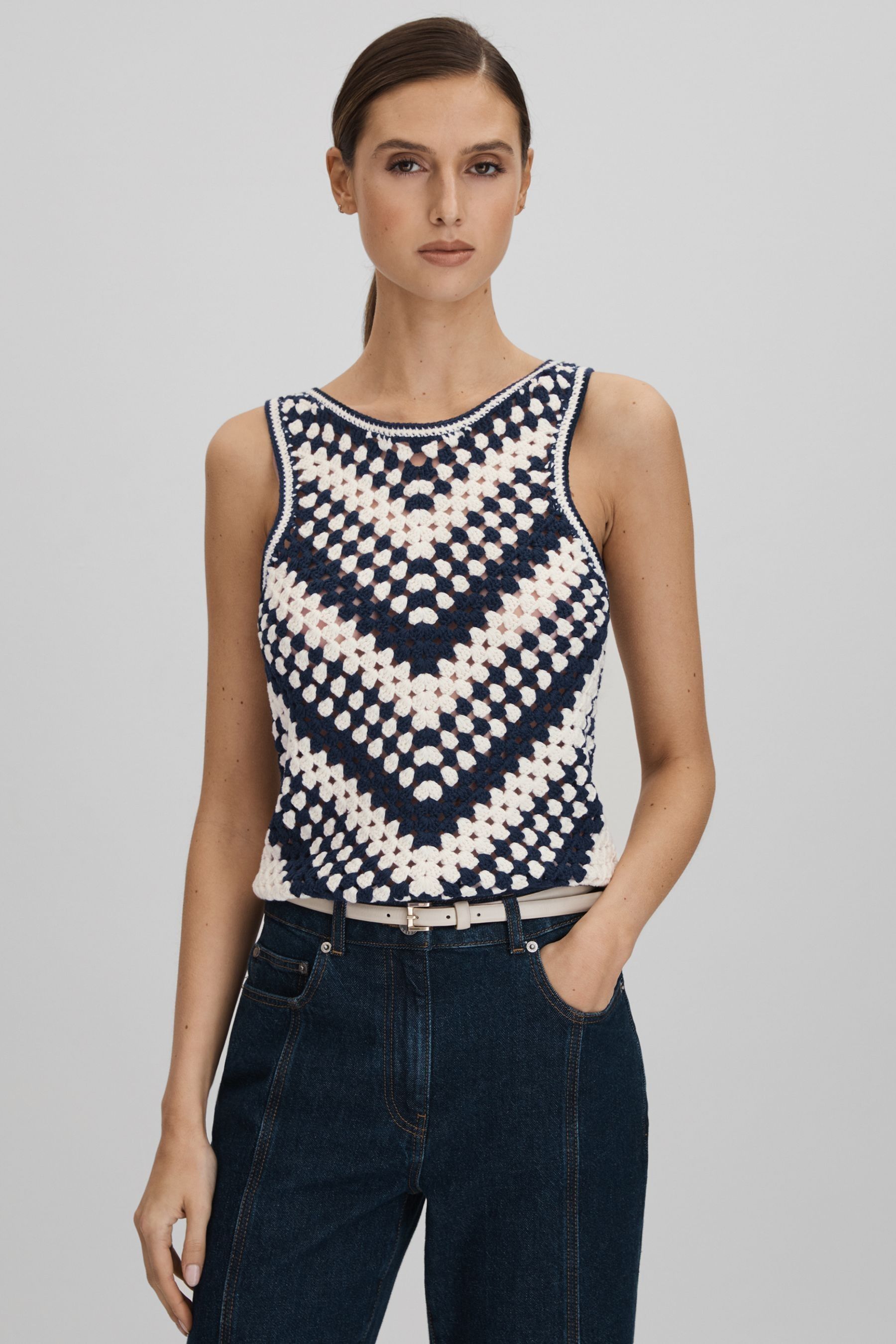 Buy Reiss Navy/Ivory Sabrina Crochet Crew Neck Vest from the Next UK ...