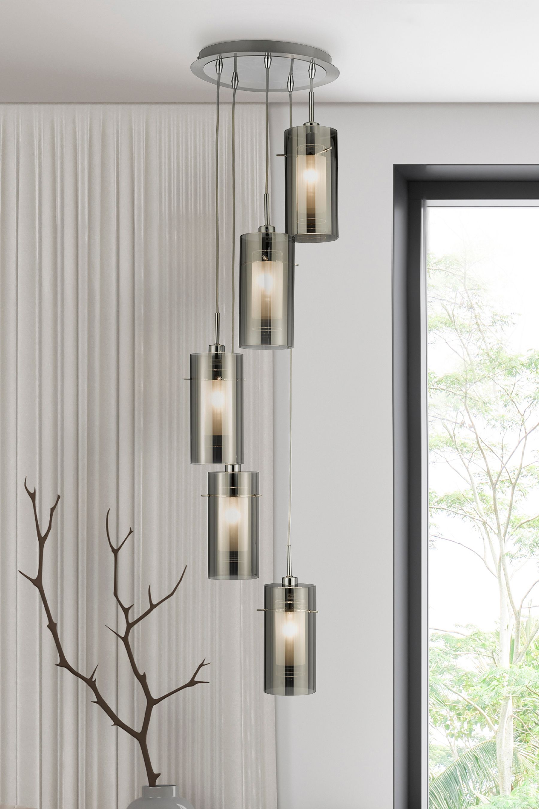 Buy Searchlight Silver Basil Chrome Smoked Glass 5Lt MultiDrop Pendant ...