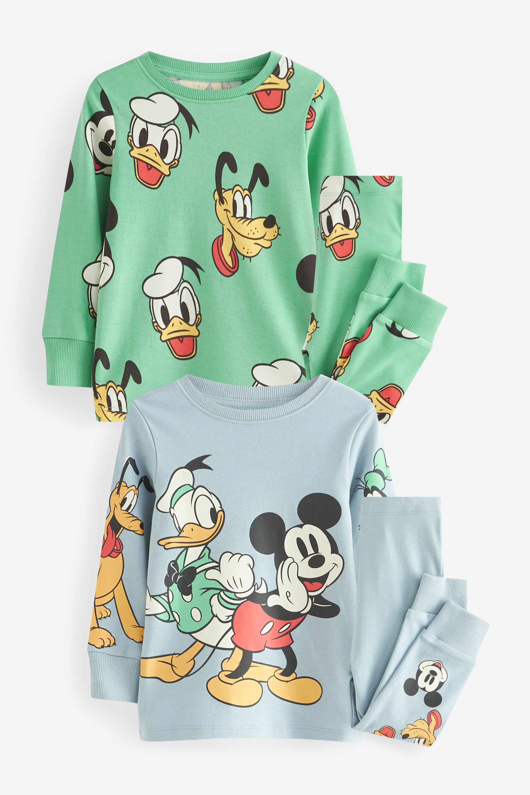 Buy Blue/Green 100% Cotton Disney Mickey Mouse Snuggle Pyjamas 2 Pack ...