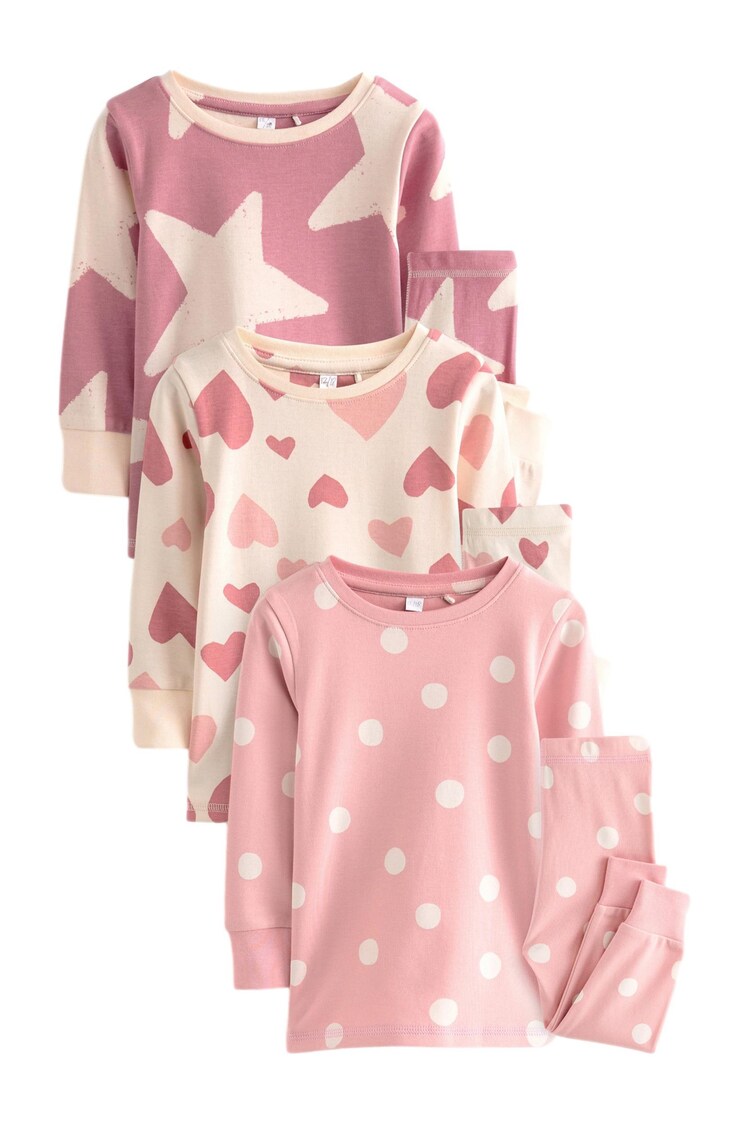 Buy Pink Heart/Star 100% Cotton Long Sleeve Printed Pyjamas 3 Pack ...