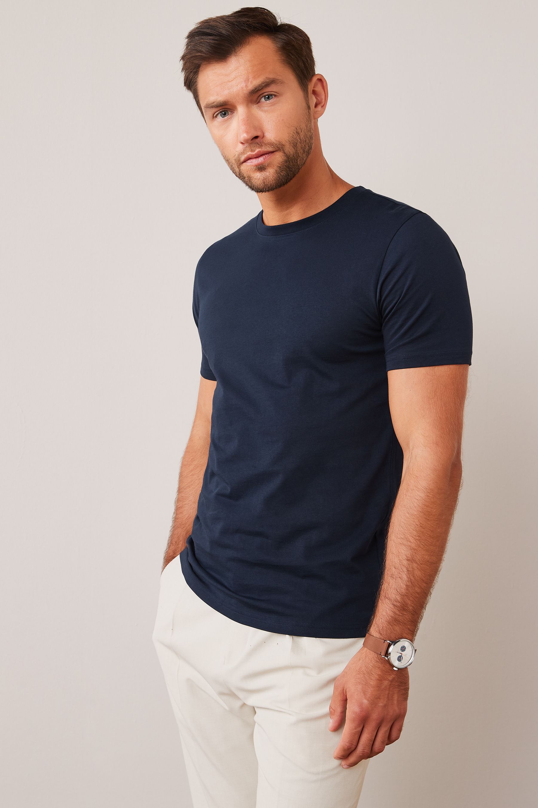 Buy Blue Navy Slim Fit 100% Cotton Essential Regular Crew Neck T-Shirt ...