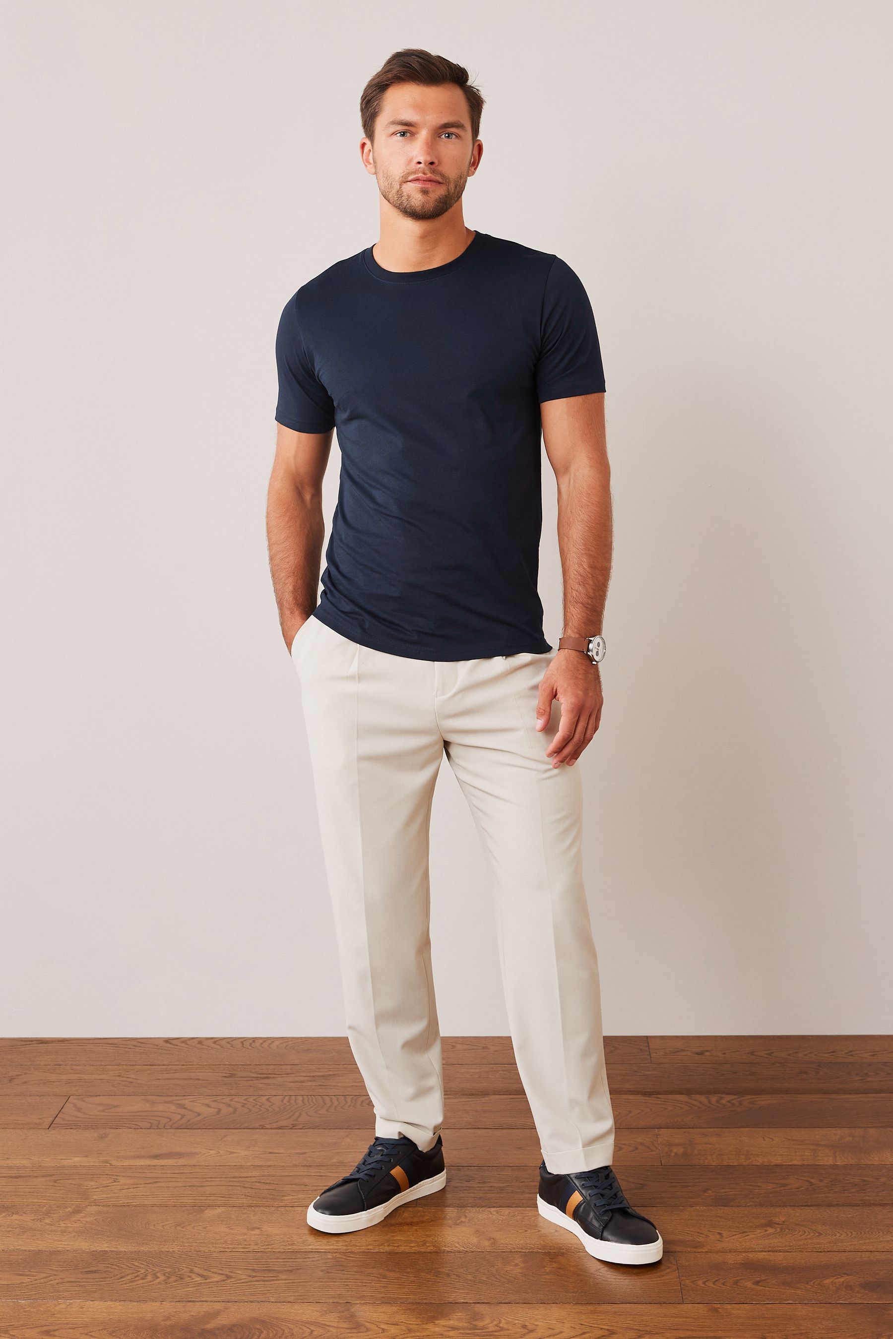 Buy Blue Navy Slim Fit 100% Cotton Essential Regular Crew Neck T-Shirt ...