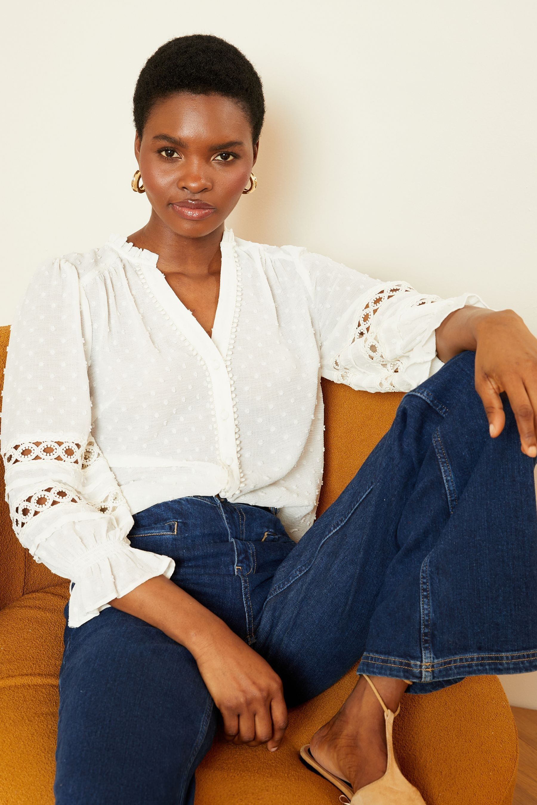 Buy Love & Roses Ivory White 3/4 Sleeve V Neck Dobby Blouse from the ...