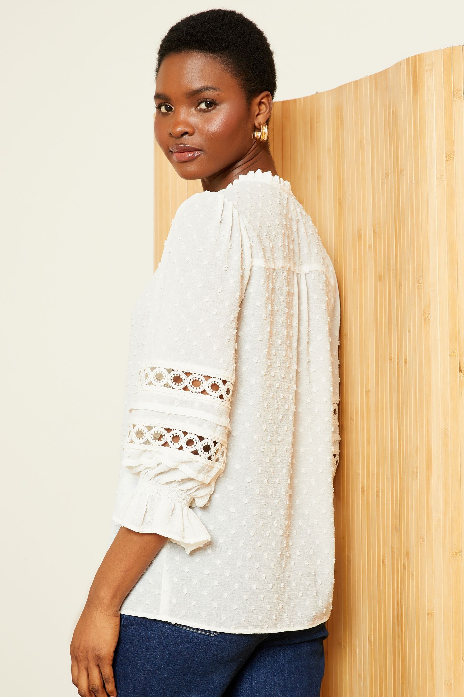 Buy Love & Roses Ivory White 3/4 Sleeve V Neck Dobby Blouse from the ...