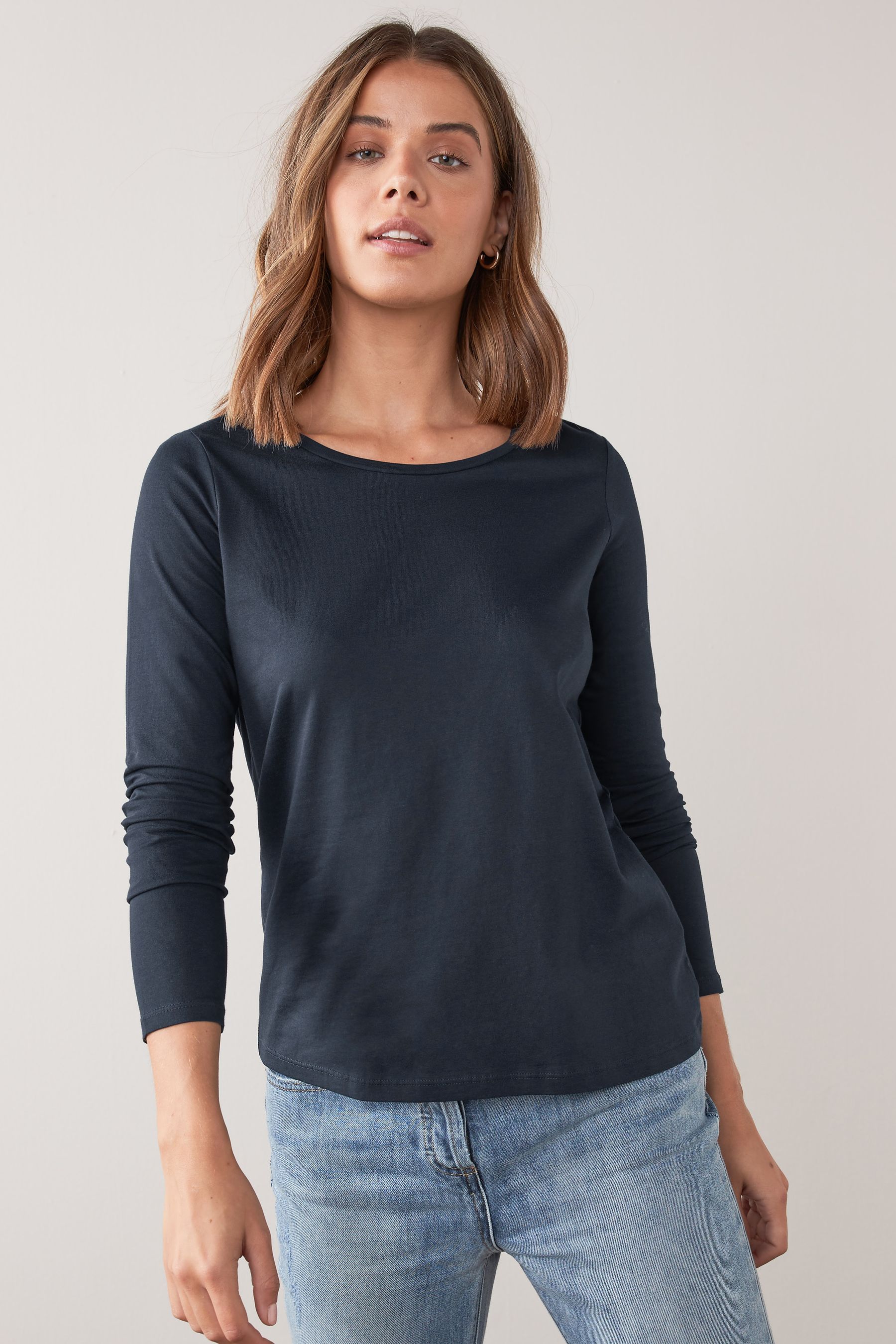 Buy Black/White/Grey/Blue/Green 100% Cotton Long Sleeve Tops 5 Pack ...