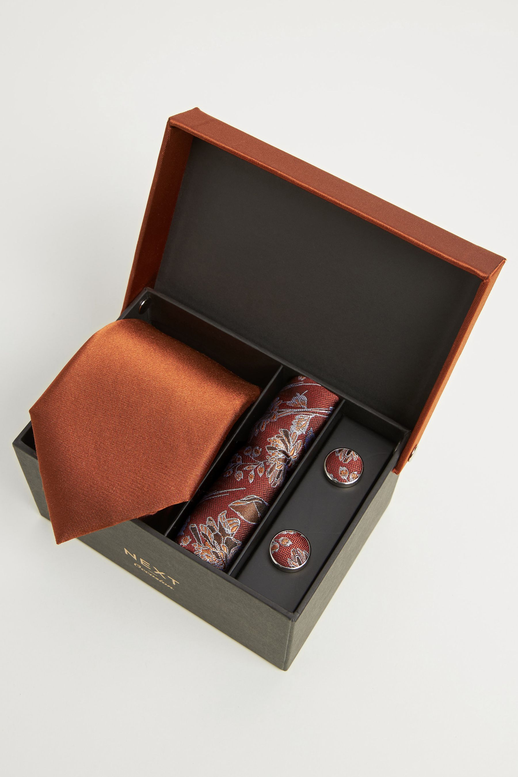 Buy Rust Orange Silk Tie, Pocket Square and Cufflinks Gift Box Set from ...
