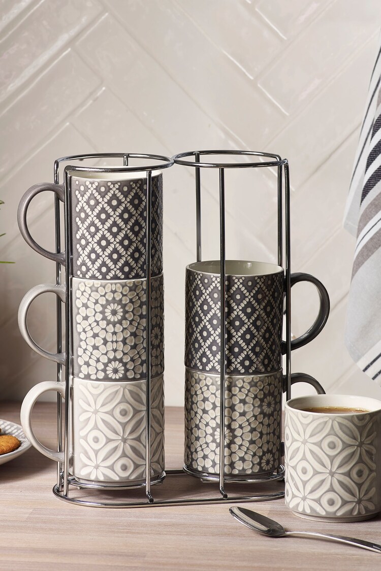 Buy Grey Geo Embossed Set of 6 Stacking Mugs from Next Australia