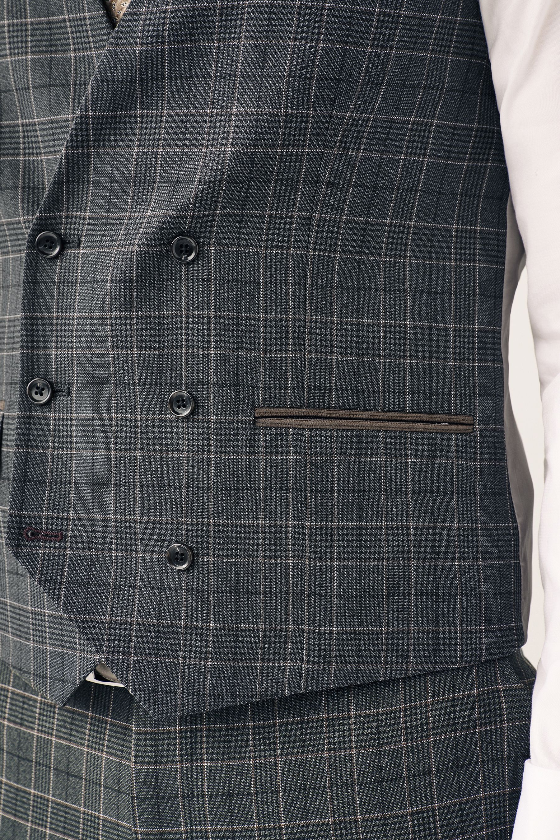 Buy Charcoal Grey Regular Fit Trimmed Check Suit Waistcoat from the ...