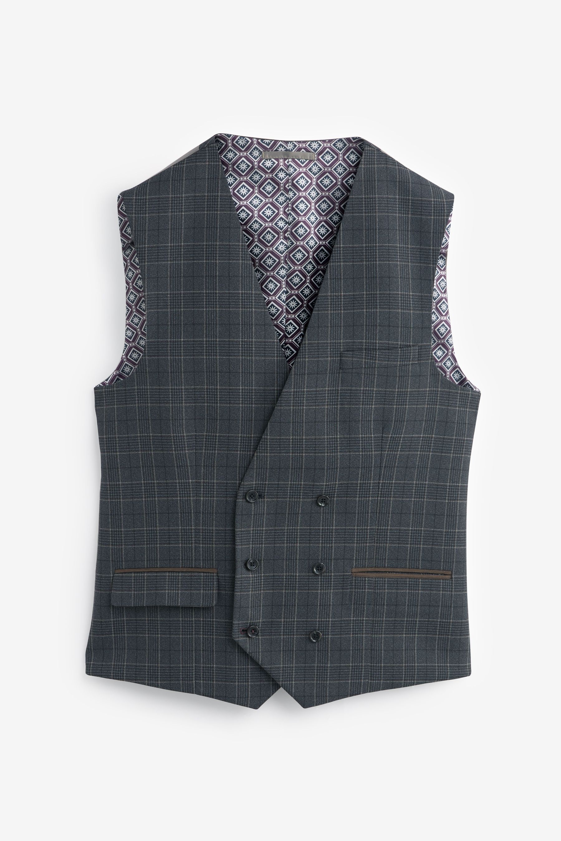 Buy Charcoal Grey Regular Fit Trimmed Check Suit Waistcoat from the ...