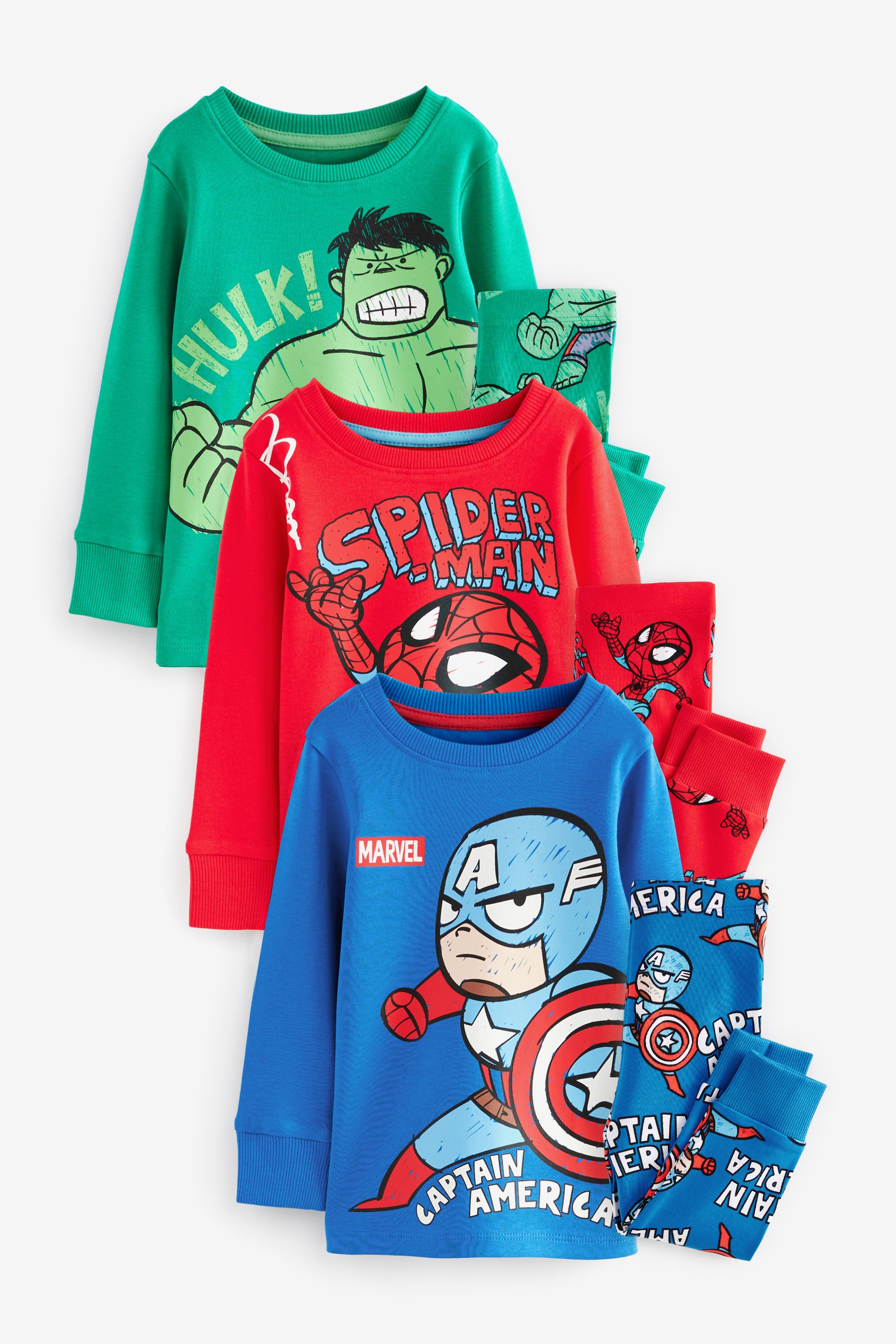 Buy Marvel Red/Green/Blue Snuggle 100% Cotton Pyjamas 3 Pack (9mths ...