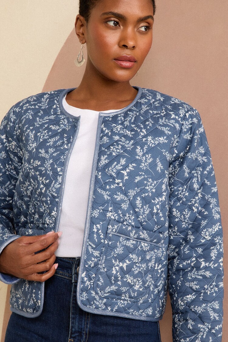 Buy Love & Roses Blue Jersey Quilted Floral Printed Jacket from the ...