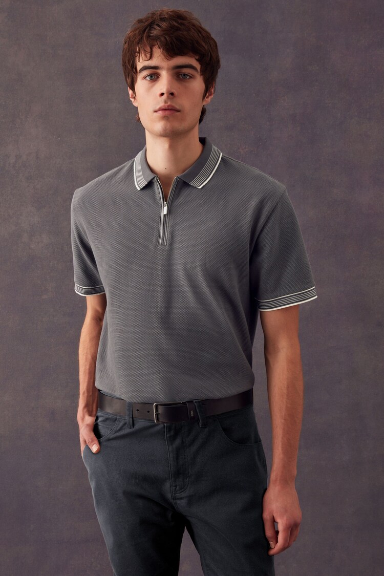 Buy Slate Grey Tipped Short Sleeve 100% Cotton Textured Quarter Zip ...