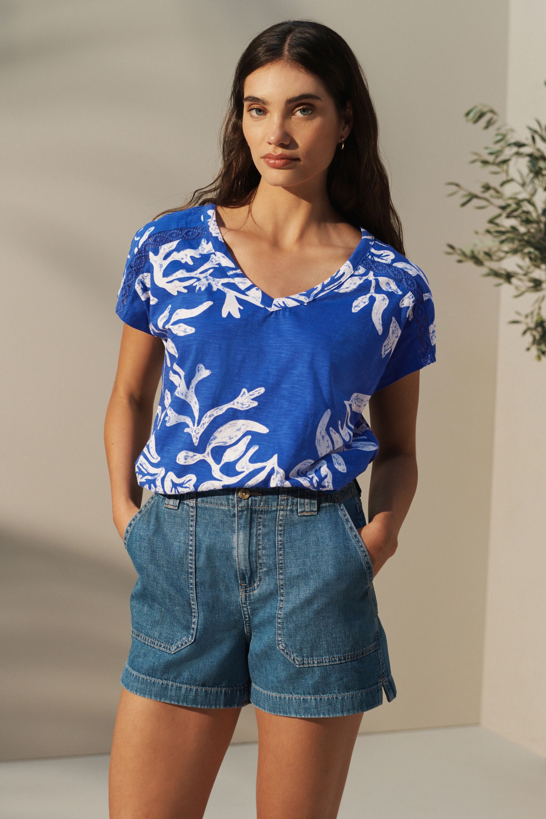 Buy Blue/White Print V-Neck 100% Cotton Bubble Hem Top from the Next UK ...