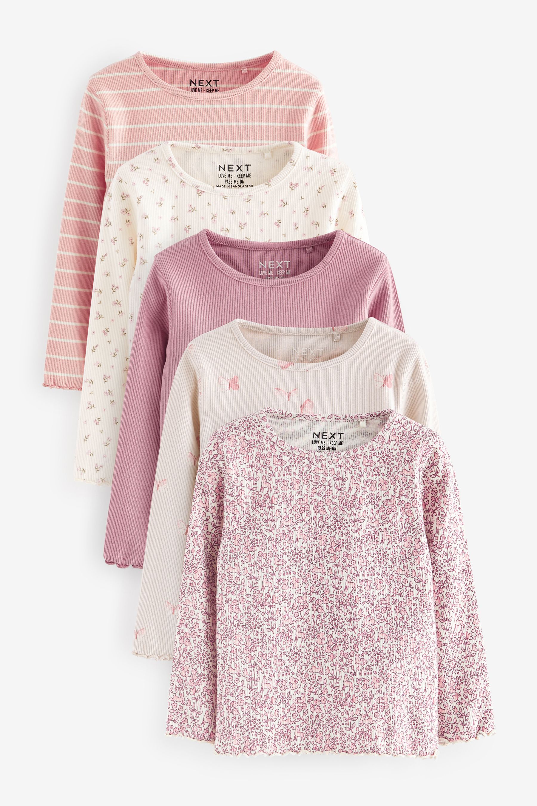 Buy Pink Ribbed Long Sleeve Tops 5 Pack (3mths-7yrs) from the Next UK ...