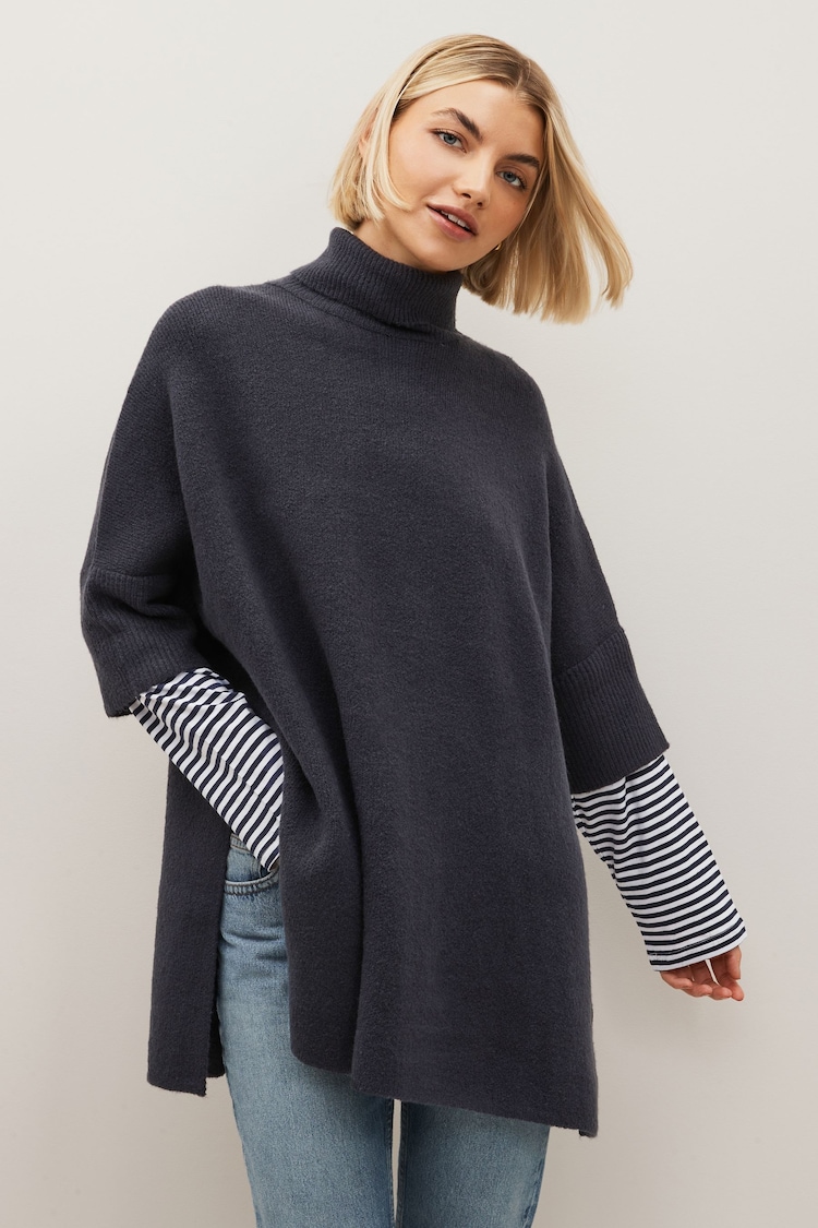 Buy Navy Knitted Poncho with Stripe Sleeve from the Next UK online shop