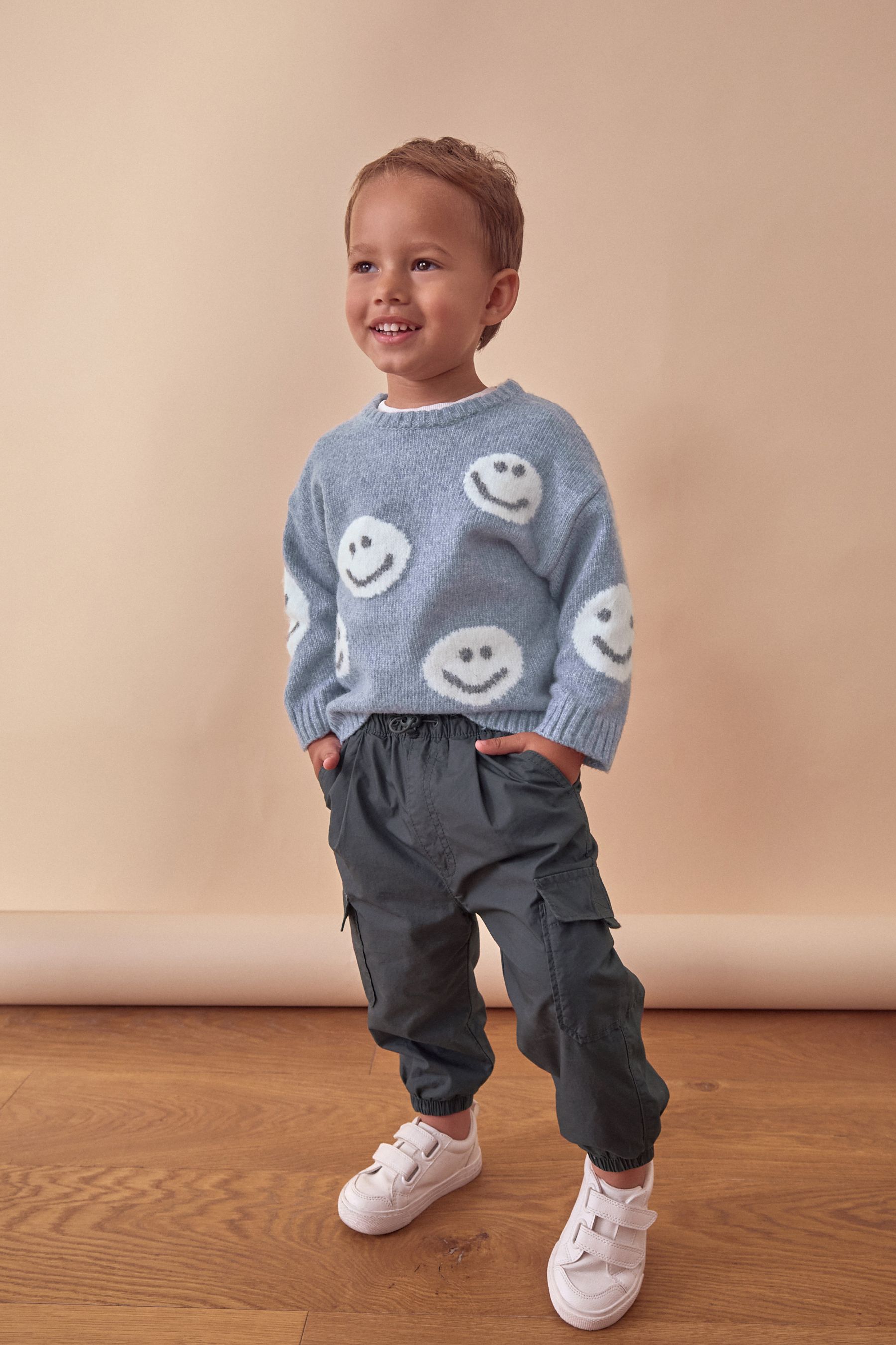 Buy Grey/Blue Happy Faces Crew Neck Jumper (3mths-7yrs) from the Next ...