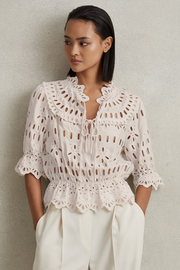Buy Reiss Cream Kyra Broderie Tie Neck Blouse from the Next UK online shop