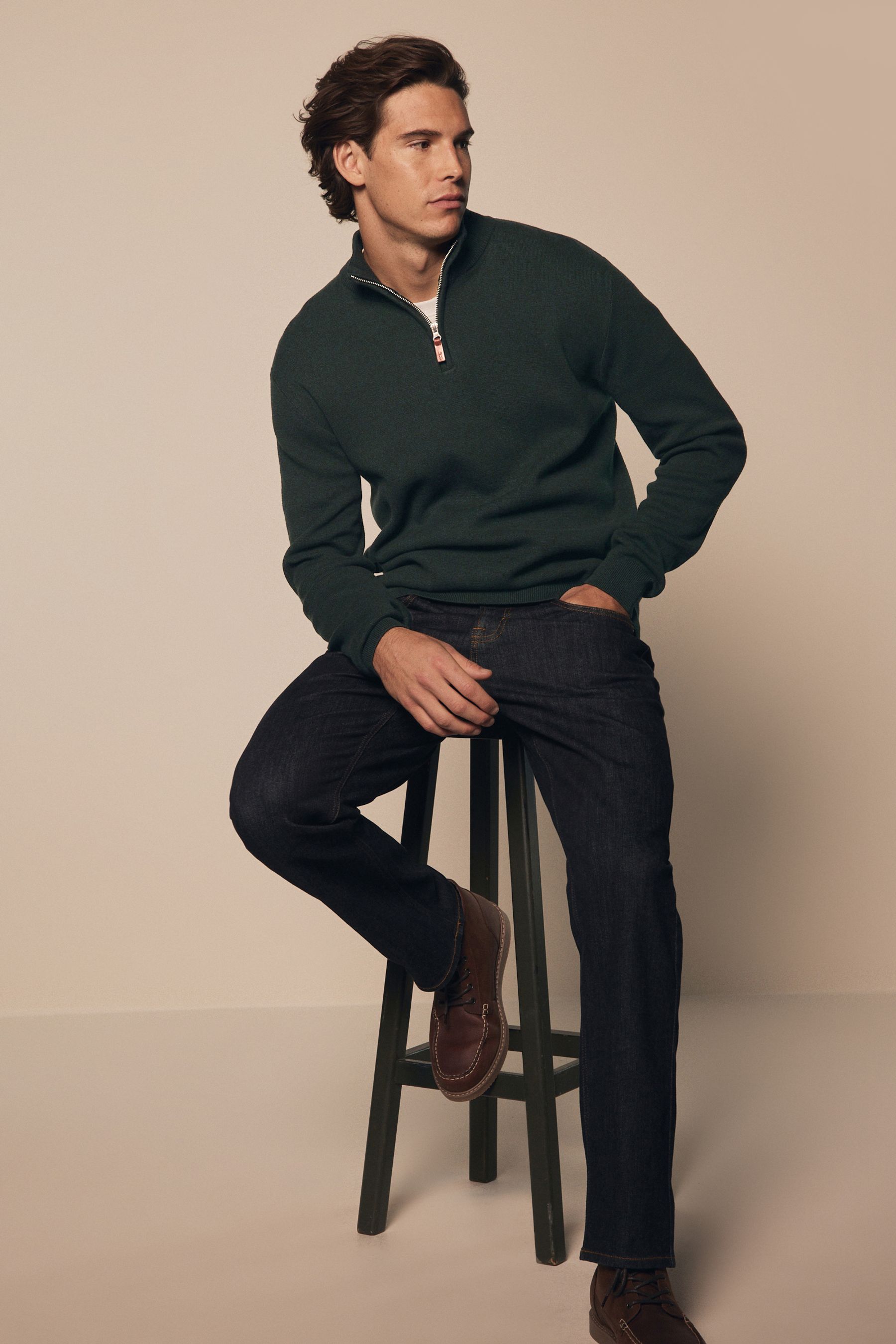 Buy Forest Green Plain Regular Fit 100% Cotton Premium Zip Neck Jumper ...