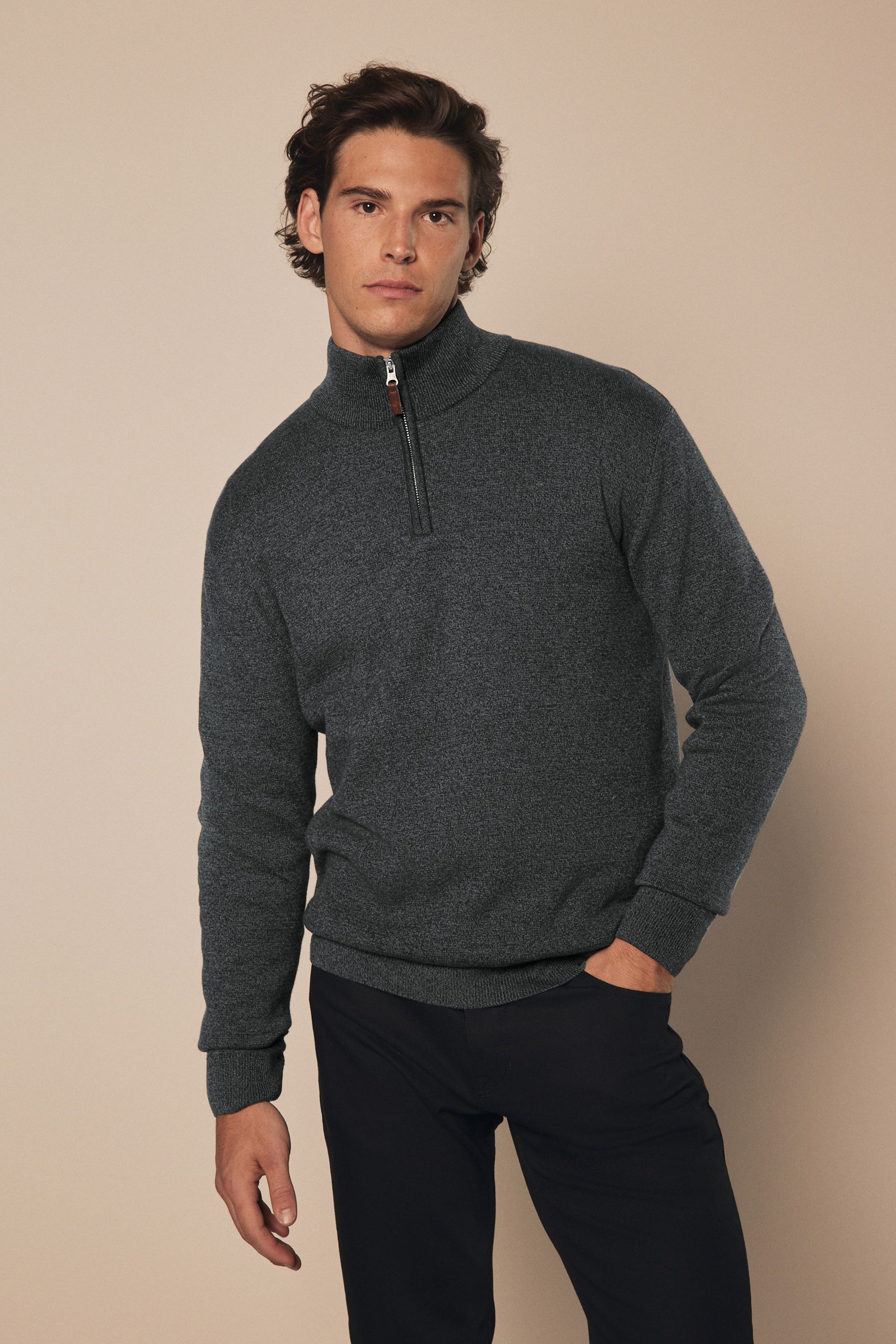 Buy Charcoal Grey Plain Regular Fit 100% Cotton Premium Zip Neck Jumper ...