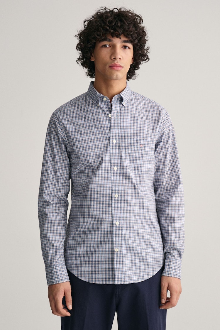 Buy GANT Blue Regular Fit Micro Checked Poplin 100% Cotton Shirt from ...