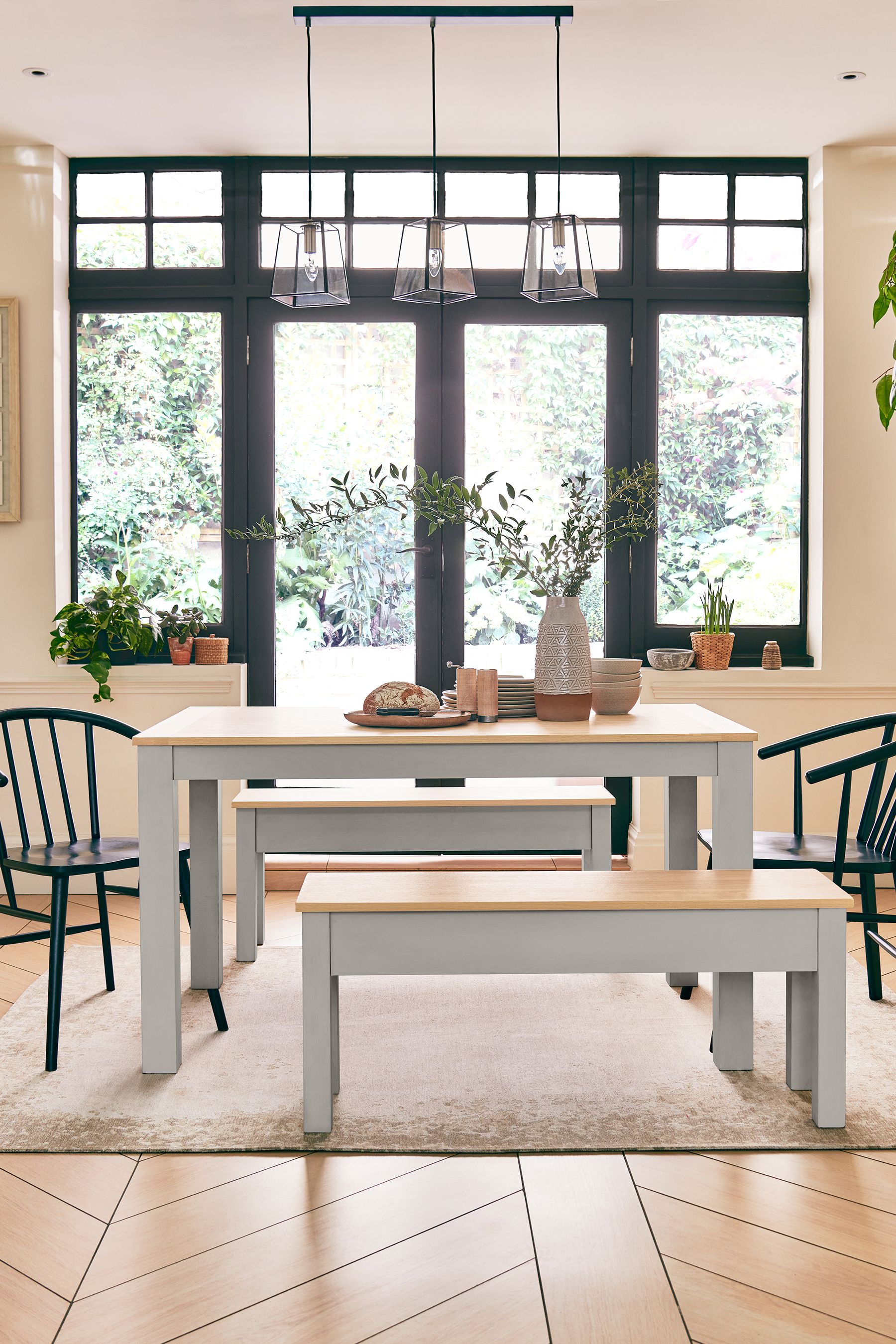 Buy Dove Grey Malvern Oak Effect 4 Seater Dining Table and Bench Set ...