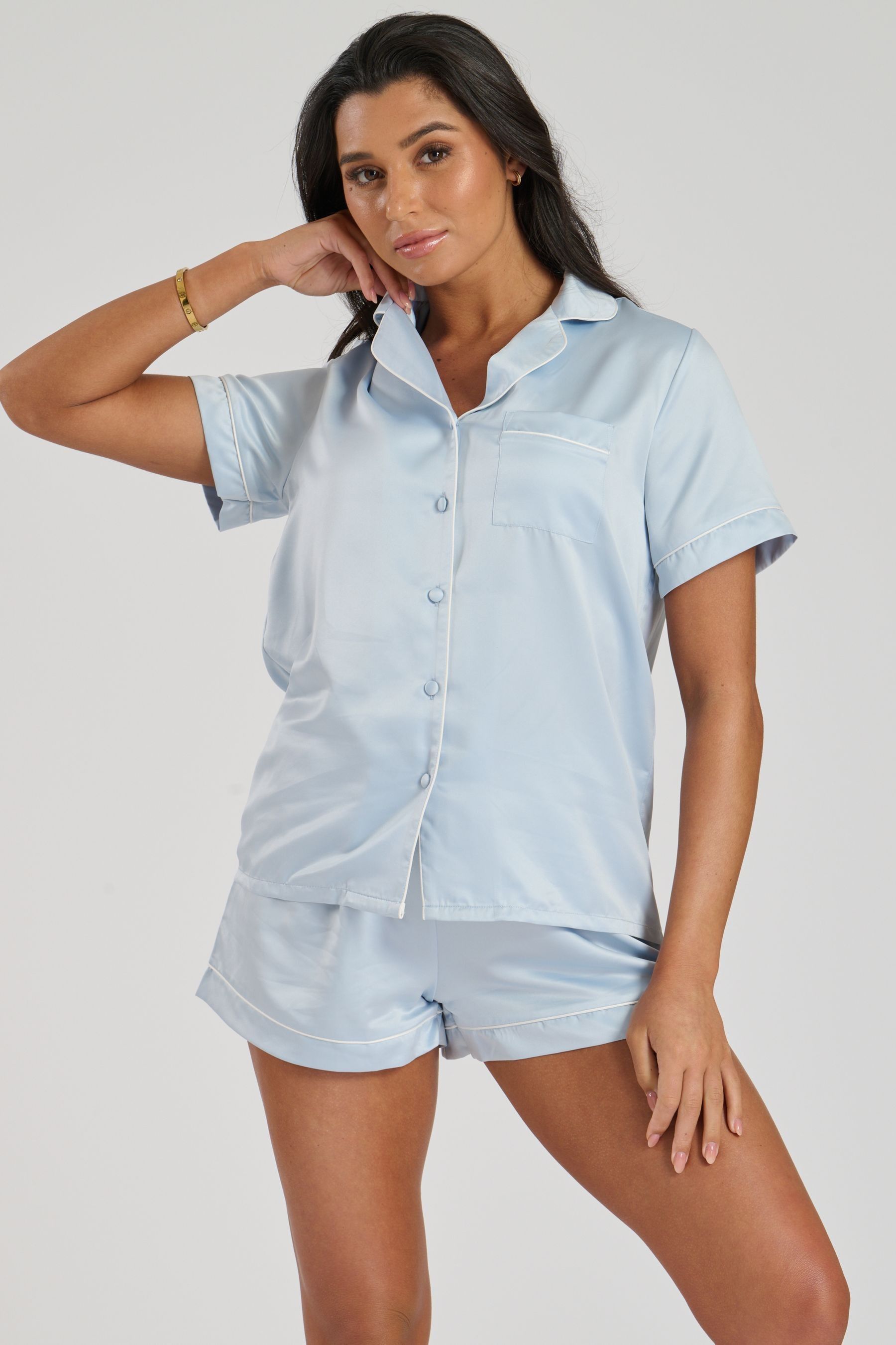 Buy Loungeable Blue Bridesmaid Embroidered Satin Shirt And Shorts Set ...