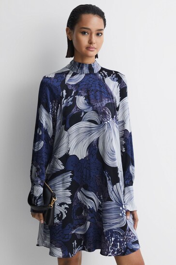 Buy Reiss Blue/White Thea Relaxed Satin Printed Mini Dress from the ...
