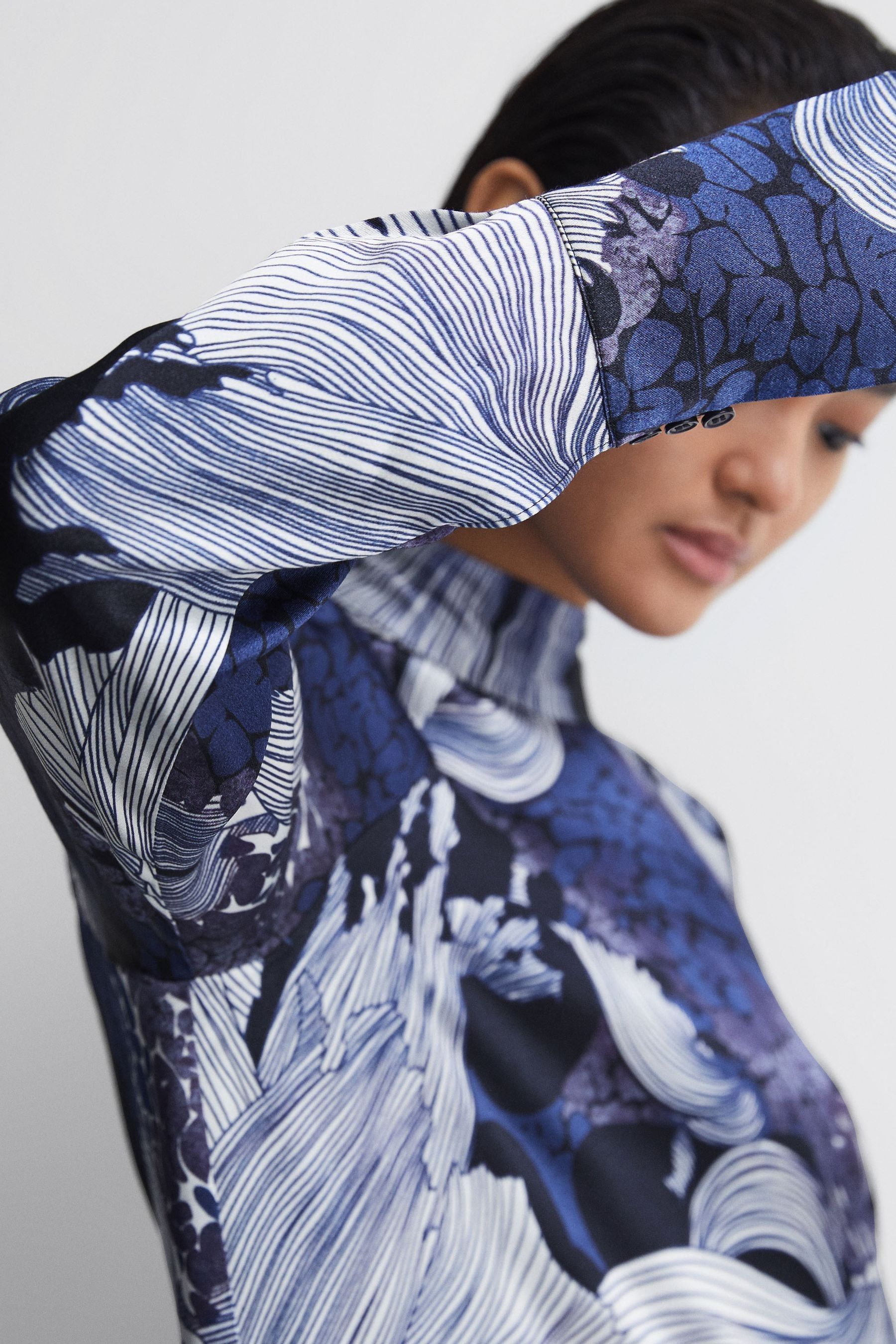 Buy Reiss Blue/White Thea Relaxed Satin Printed Mini Dress from the ...