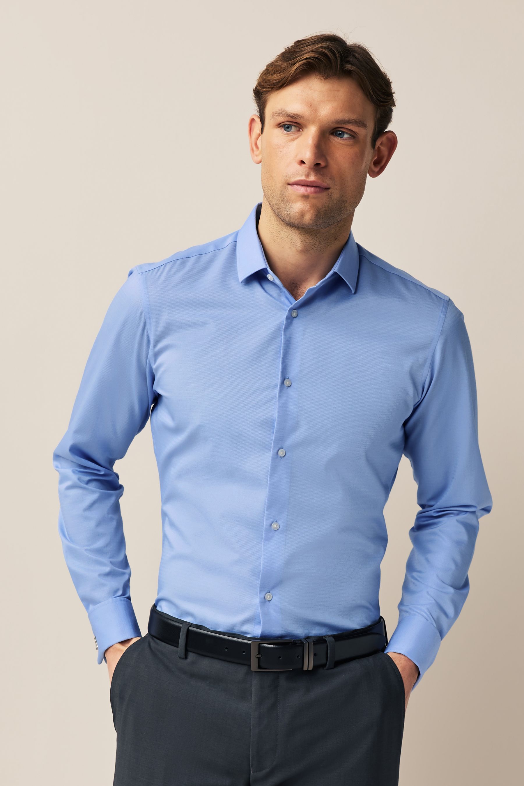 Buy Blue Slim Fit Double Cuff Easy Care Textured Shirt from the Next UK ...
