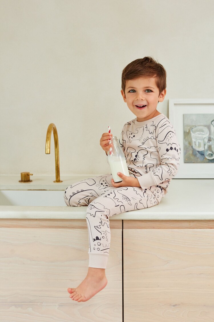 Buy Neutral/Black Dinosaur Snuggle 100% Cotton Pyjamas 3 Pack (9mths ...