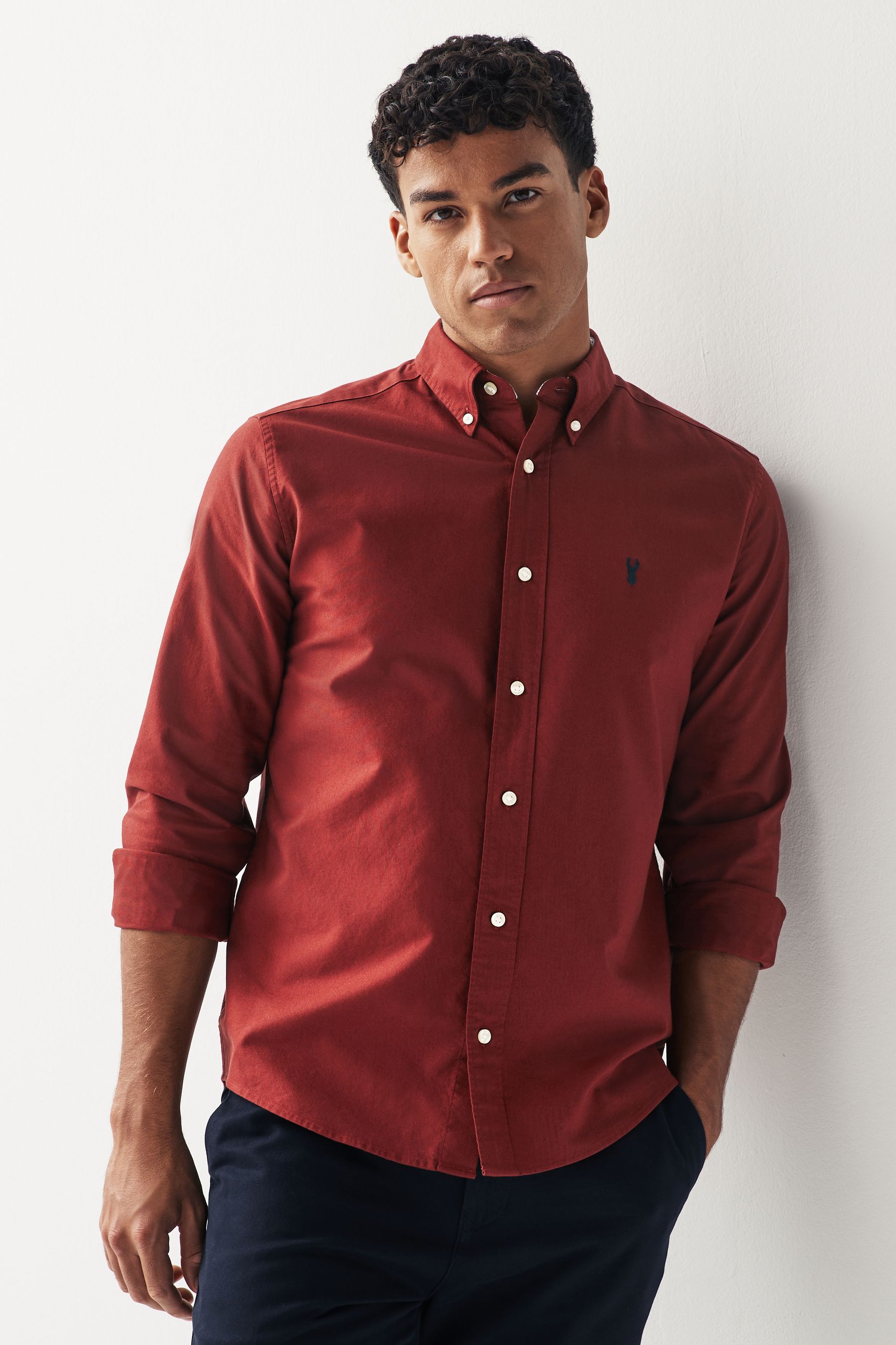 Buy Dark Red Regular Fit Long Sleeve Oxford 100% Cotton Shirt from the ...