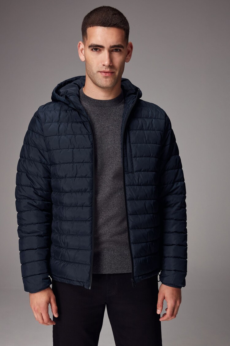 Buy Navy Blue Shower Resistant Lightweight Hooded Puffer Coat Jacket ...