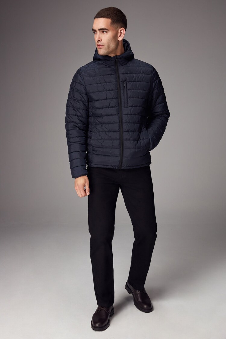 Buy Navy Blue Shower Resistant Lightweight Hooded Puffer Coat Jacket ...