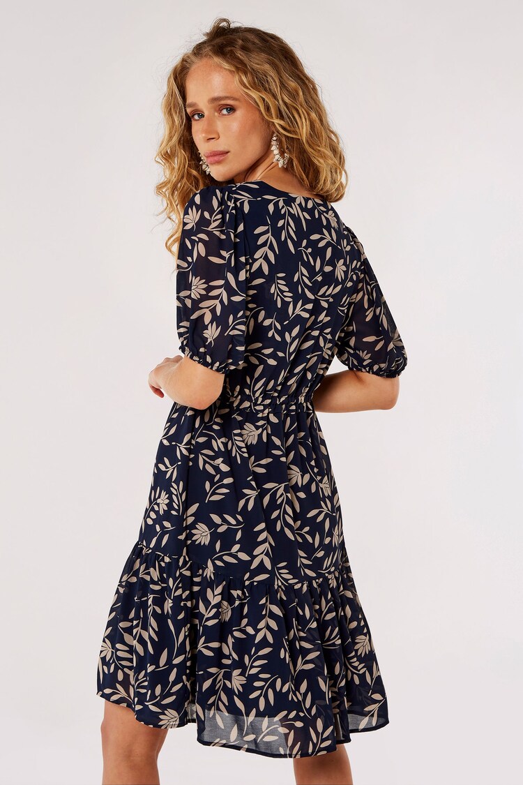 Buy Apricot Navy Blue & Cream Mono Leaf Tie Thru Puff Sleeve Dress from ...