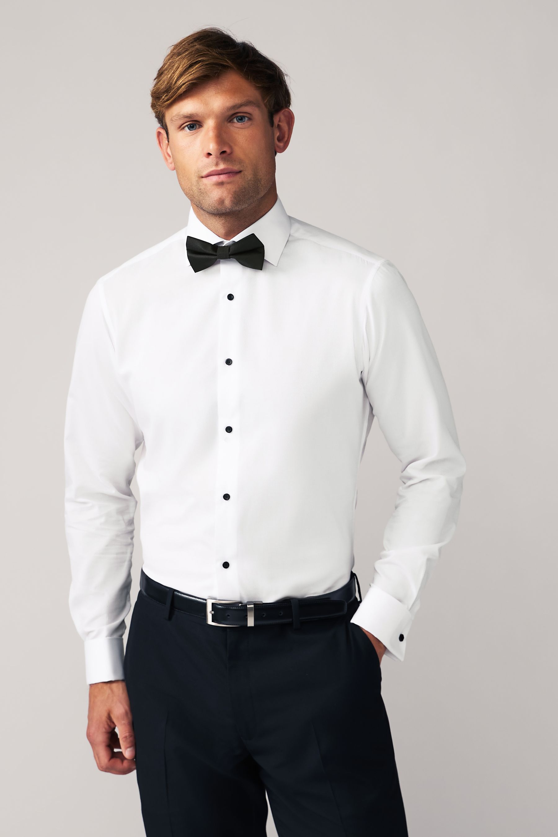 Buy White Textured/Black Bow Tie Slim Fit Single Cuff Shirts And Bow ...