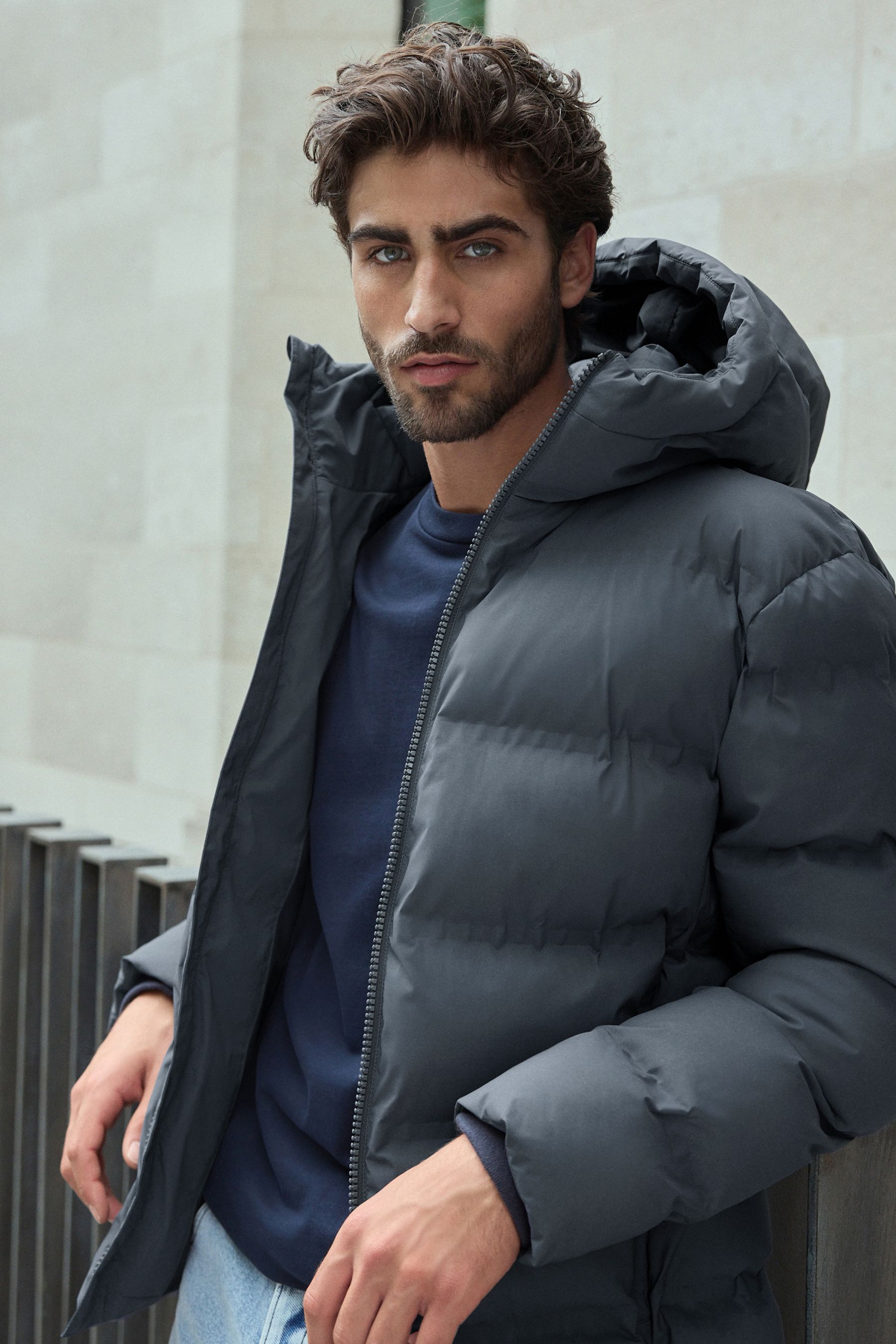 Buy Slate Grey Regular Length Shower Resistant Heatseal Hooded Puffer ...