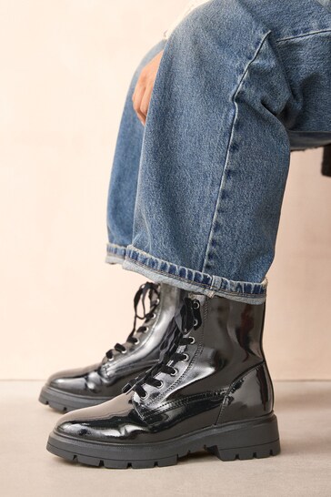 Buy Black Textured Patent Extra Wide Fit Forever Comfort® Lace-Up Boots ...