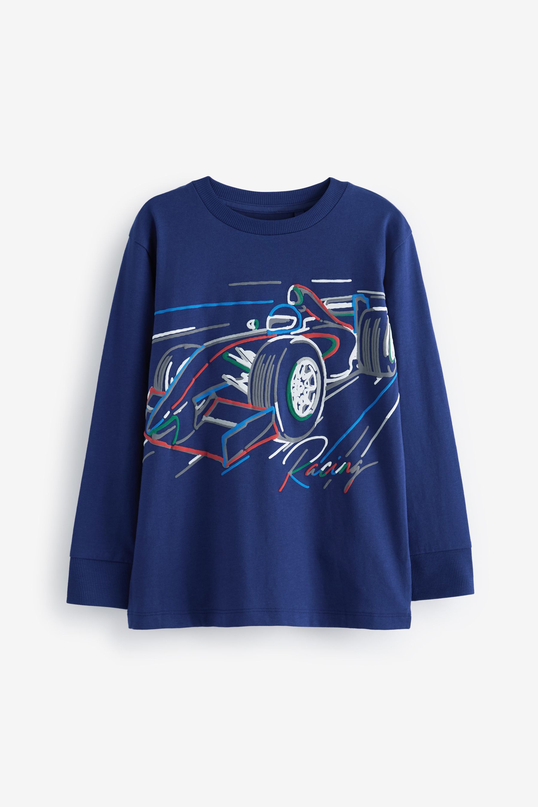Buy Navy Blue Racing Car Long Sleeve Graphic 100% Cotton T-Shirt (3 ...