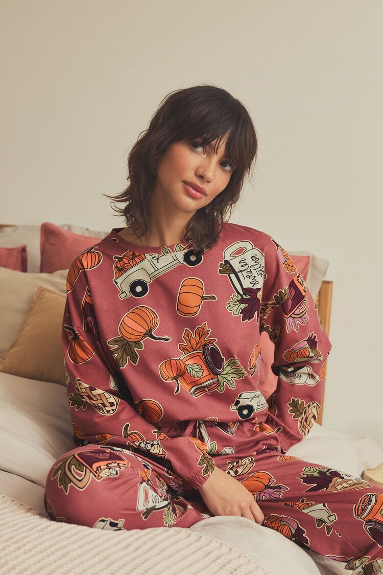 Buy Berry Red Pumpkin Spice Autumn 100% Cotton Long Sleeve Pyjamas from ...