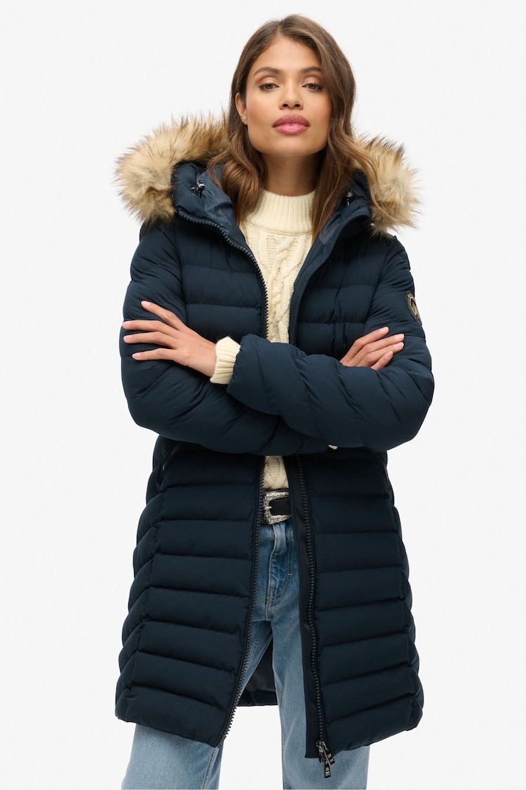 Buy Superdry Eclipse Navy Blue Fuji Faux Fur Hood Padded Mid Length ...